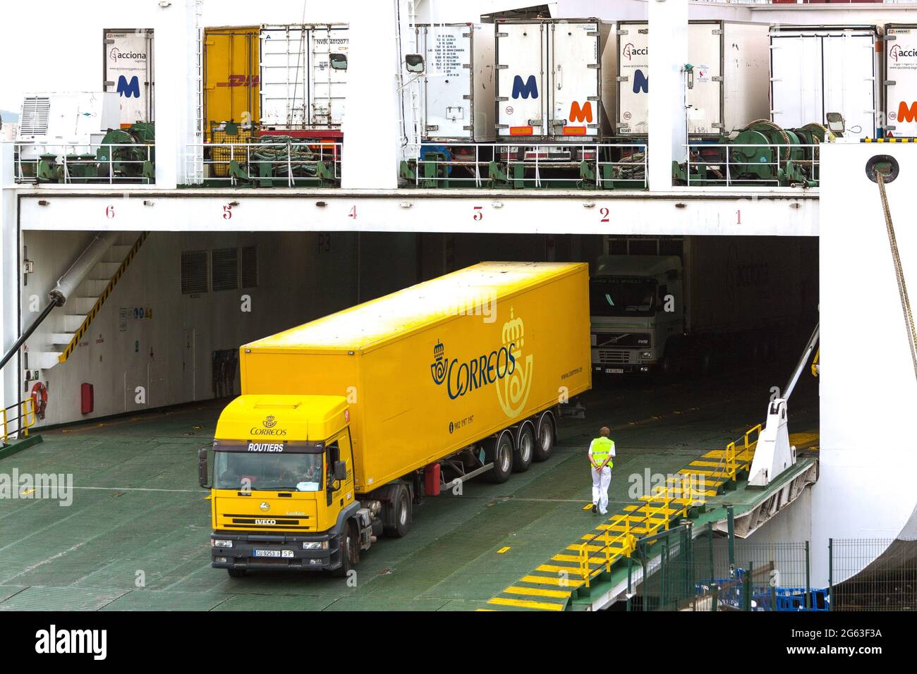 ro-ro ferry at Palma harbour. Lorries boarding ferry on ramps Stock ...