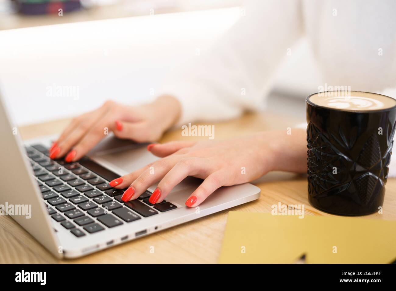 Side view of female Freelanser hands typing on laptop keyboard in home ...