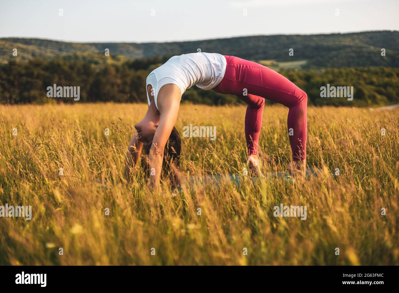 Beautiful woman doing yoga in the nature,Urdhva Dhanurasana/Upward bow ...