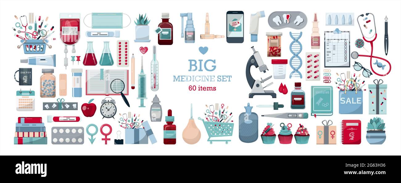 Big vector medical set. Medicine cartoon pill, drug, table, antibiotics ...