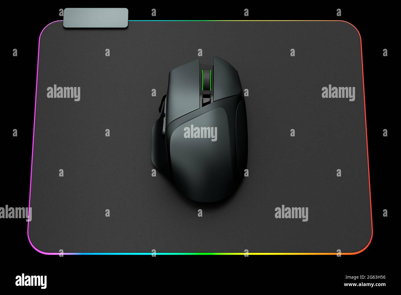 Modern gaming computer mouse on professional pad isolated on black ...
