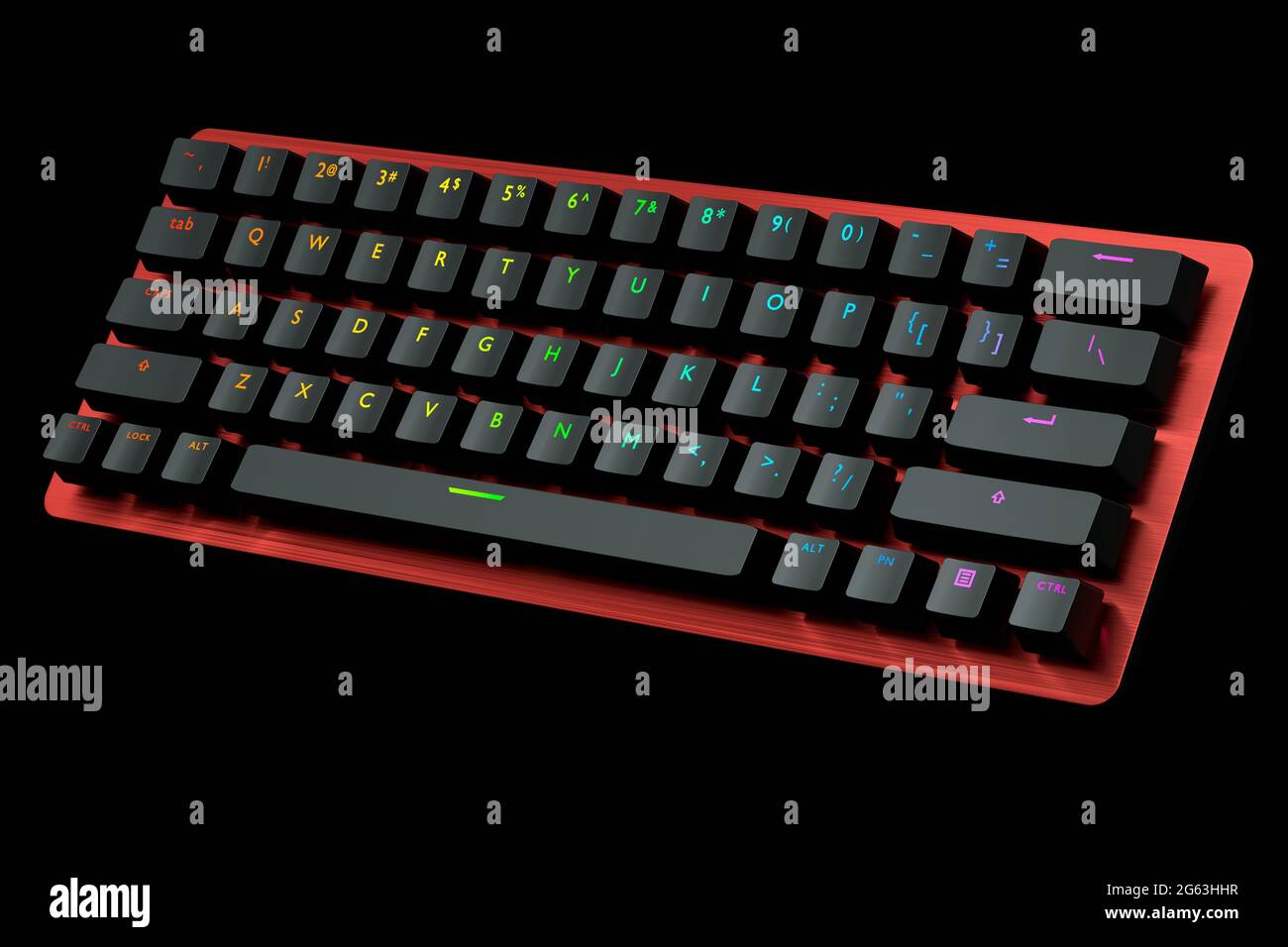 Red computer keyboard with rgb colors isolated on black background. 3D ...