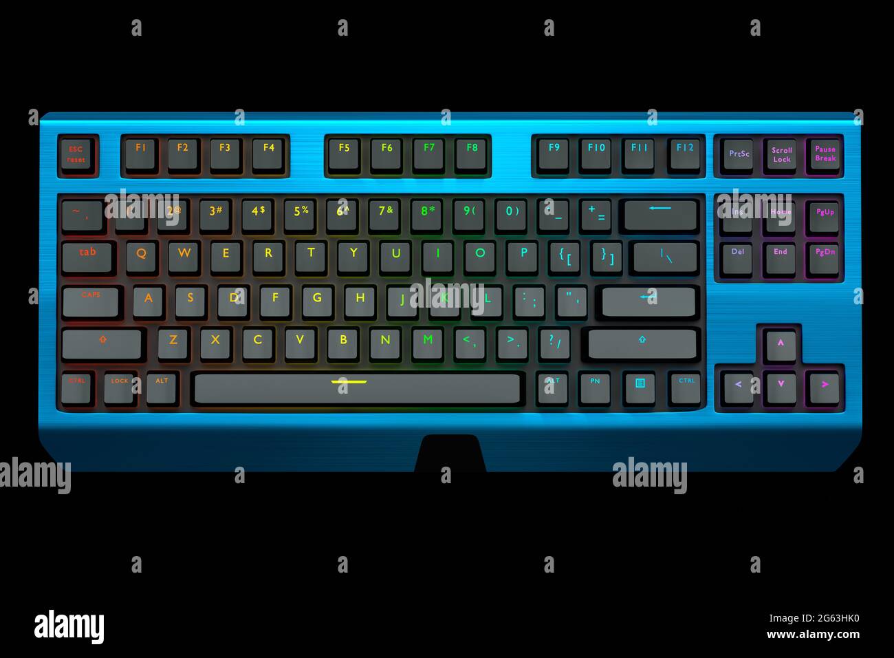 Blue computer keyboard with rgb colors isolated on black background. 3D ...