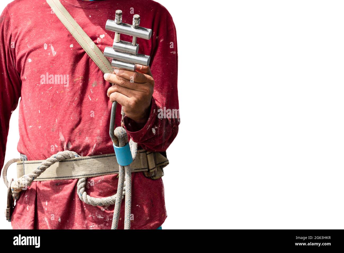 Closeup construction workers hand holding steel hooks connecting with ...