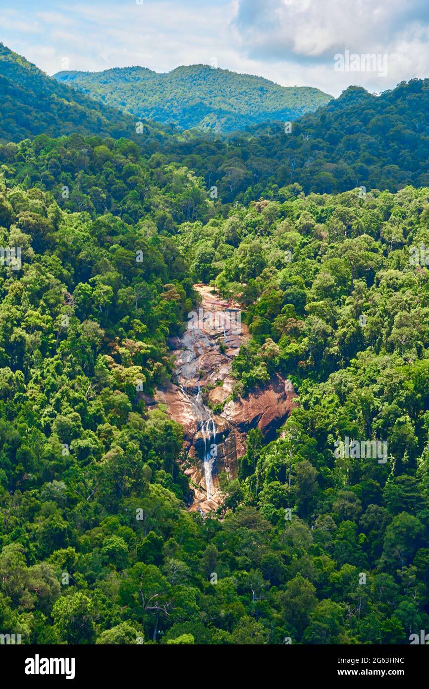 A majestic waterfall flows down the cliff in the dense jungle Stock ...