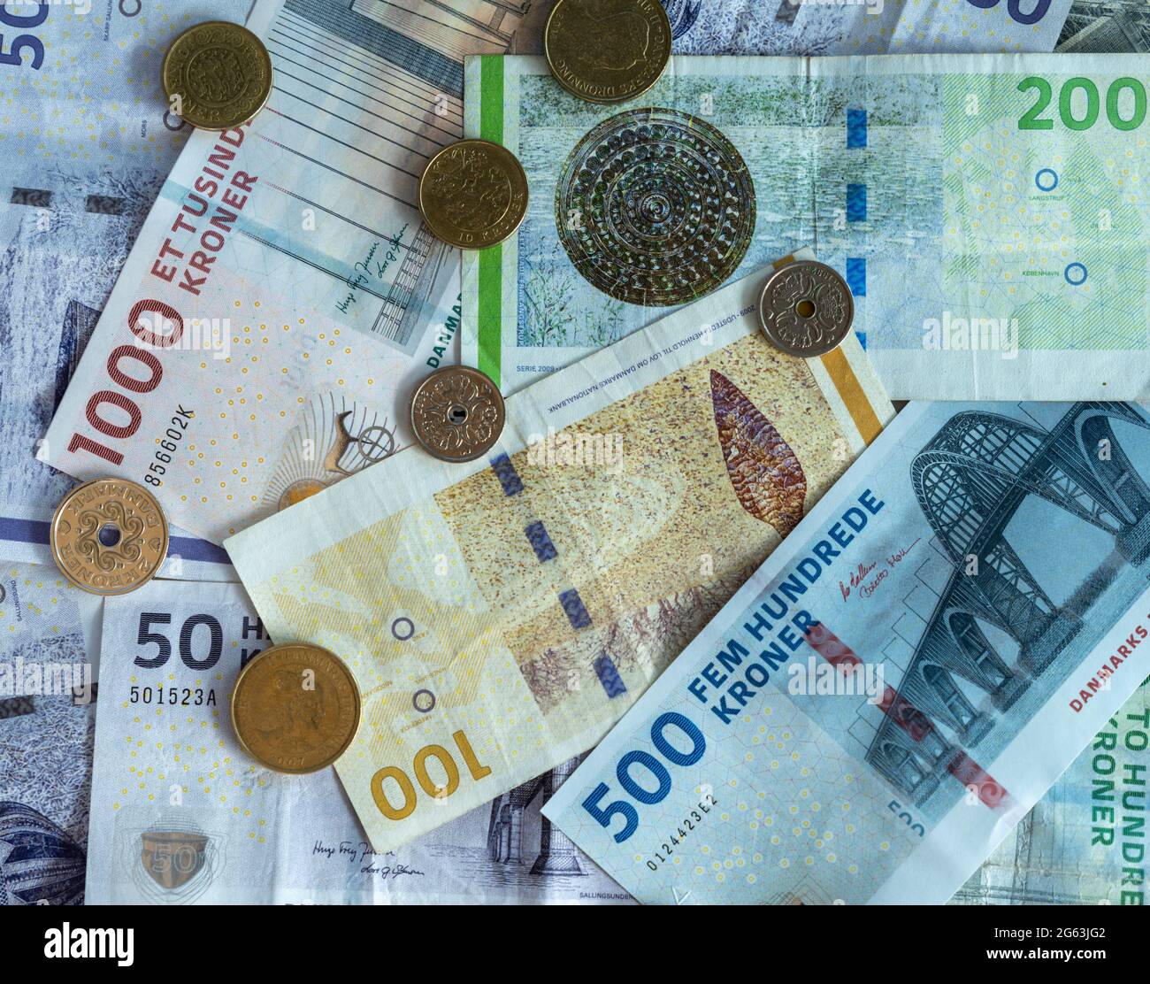 A top down view of coins and bills of various denominations of Danish ...