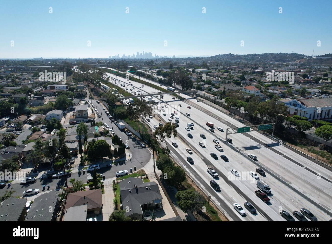An aerial view of traffic on the California State Route 60 freeway ...