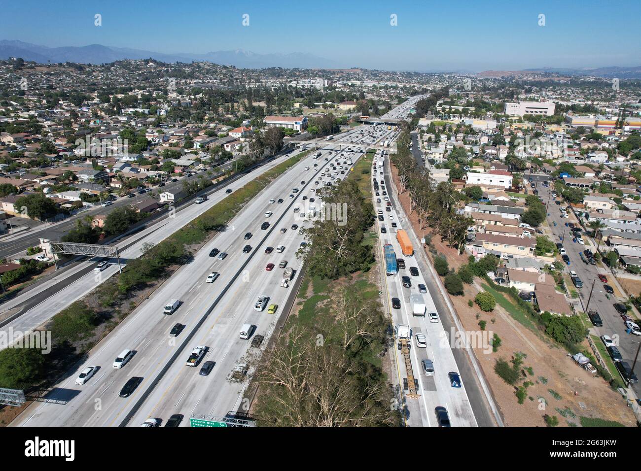 An aerial view of traffic on the California State Route 60 freeway ...