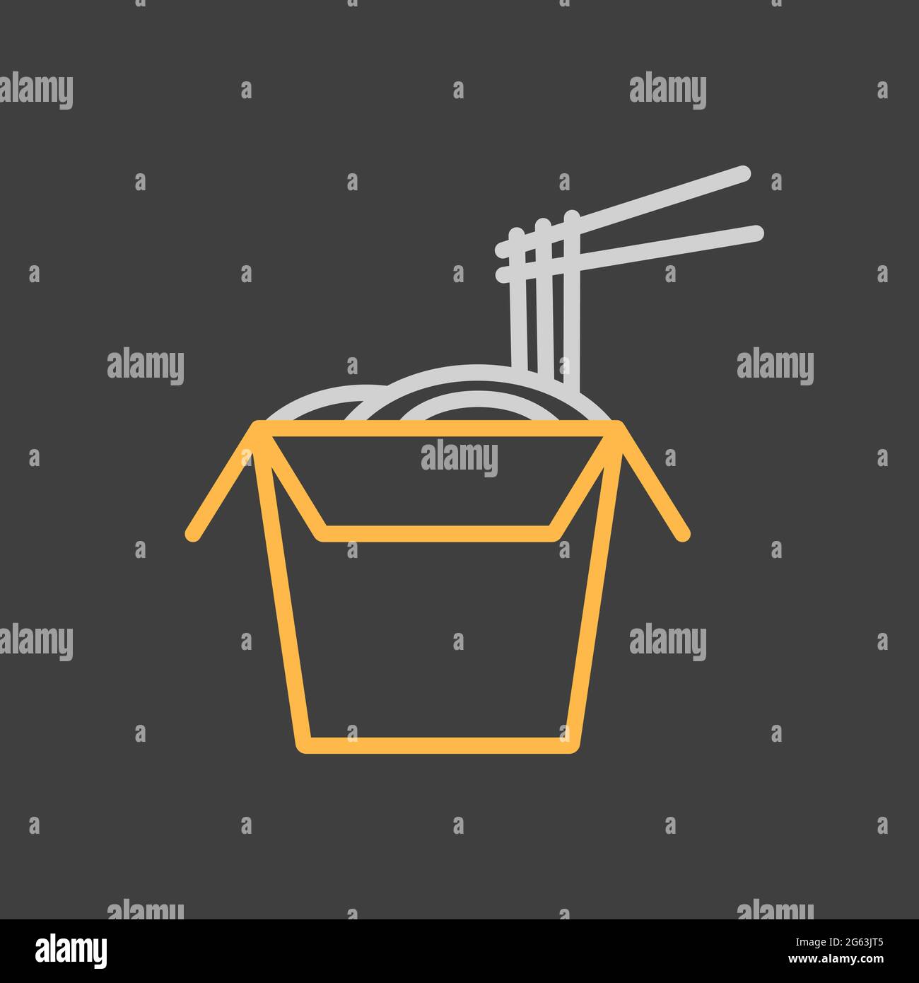 Noodles in thin line box with chopsticks vector icon on dark background ...