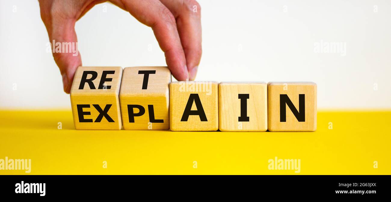 Retain or explain symbol. Businessman turns wooden cubes and changes ...