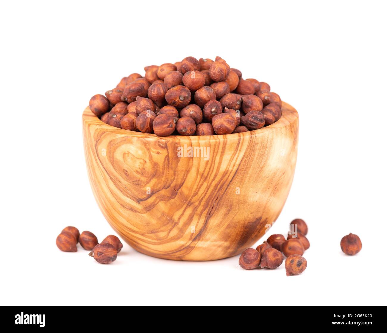 Pile of brown chickpeas in olive bowl, isolated on white background ...