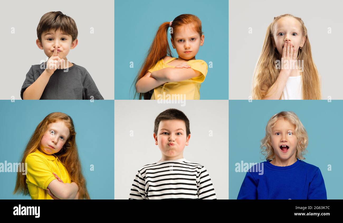 Art collage made of portraits of little and happy kids isolated on ...