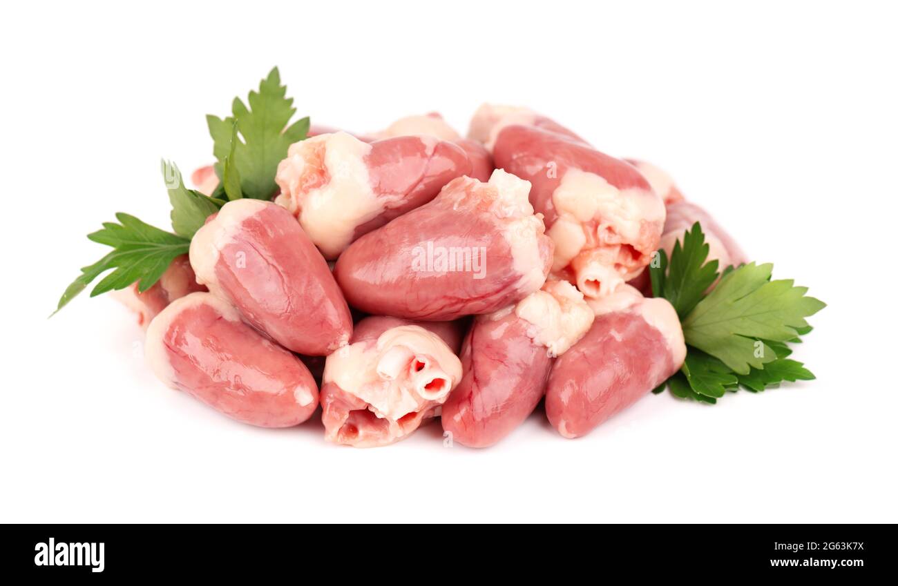 Chicken hearts raw isolated on white background. Fresh chicken broiler ...