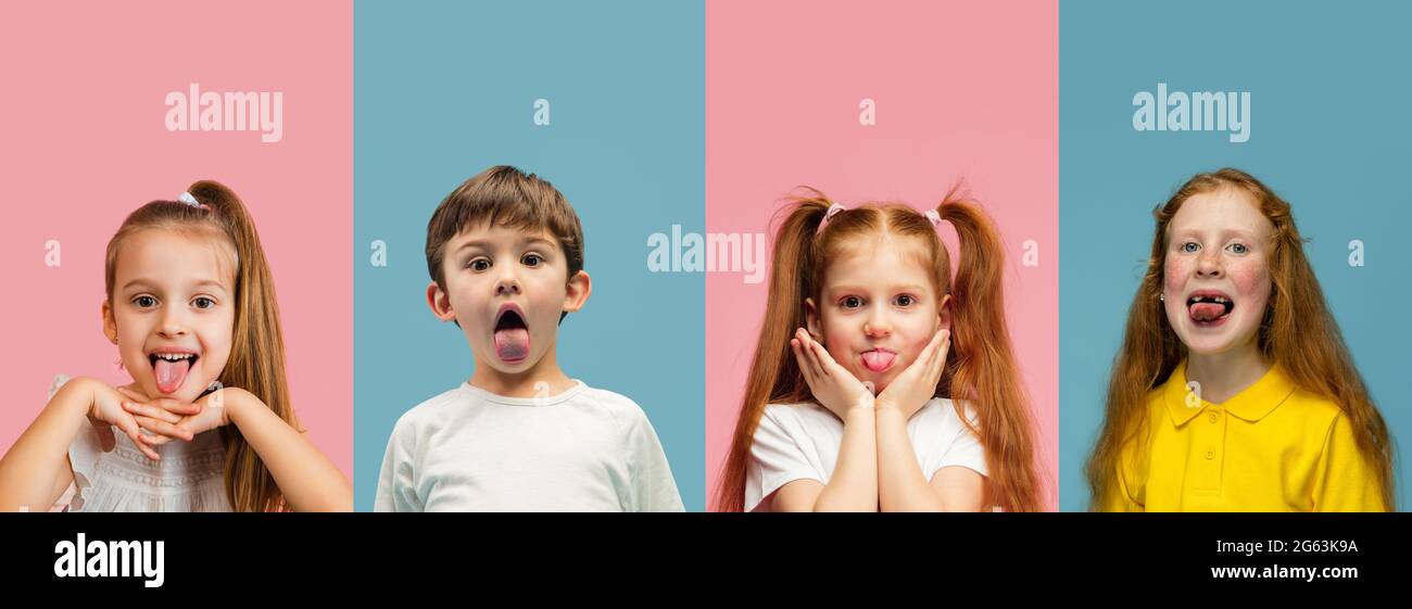 Art collage made of portraits of little and happy kids isolated on ...