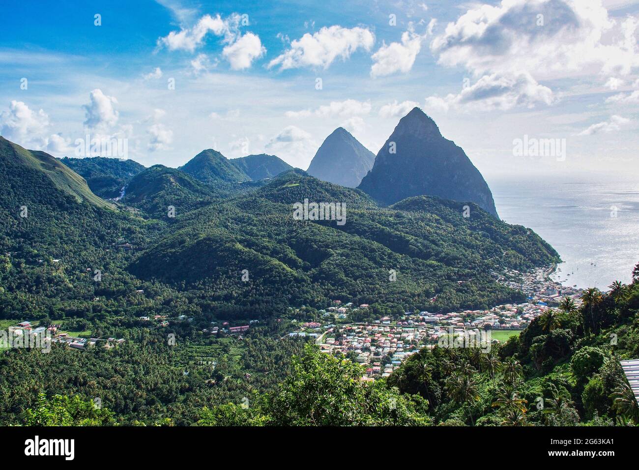 View of the Pitons in the Caribbean Sea at Soufriere, St. Lucia. The ...