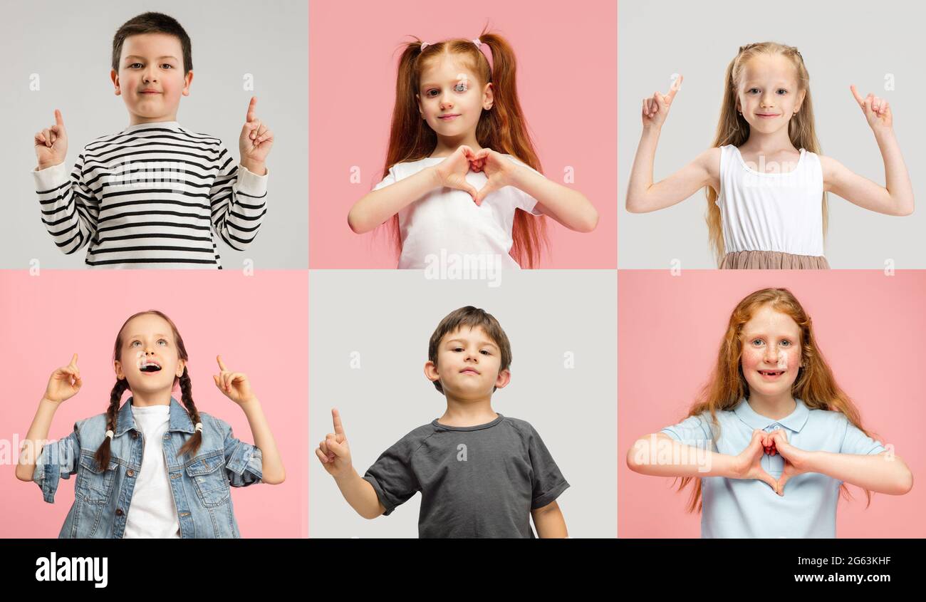 Art collage made of portraits of little and happy kids isolated on ...