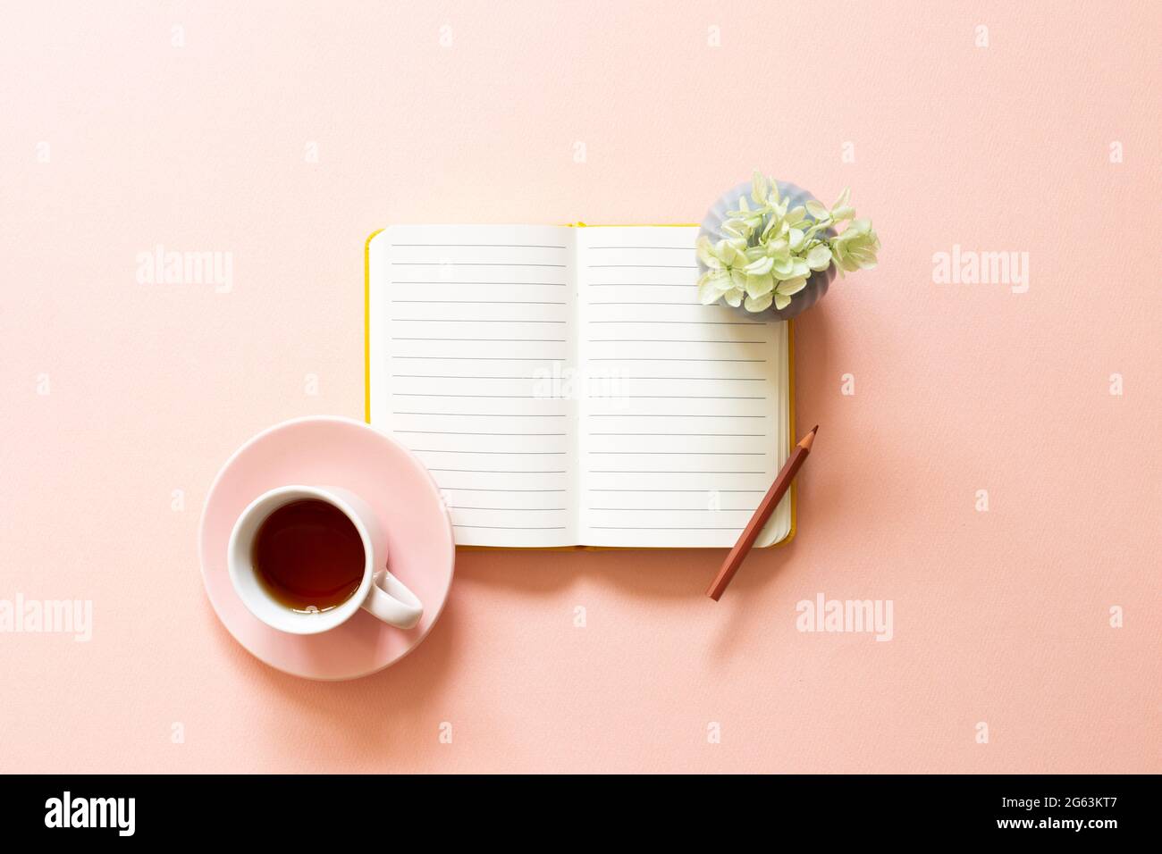 Open notebook, cup of tea, dry flowers on pink background. Daily life ...