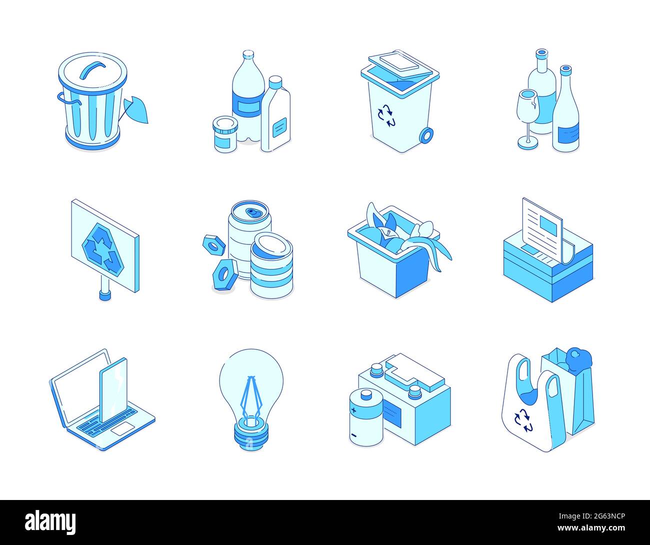 Waste sorting - modern colorful isometric icons set. Bin, plastic ...