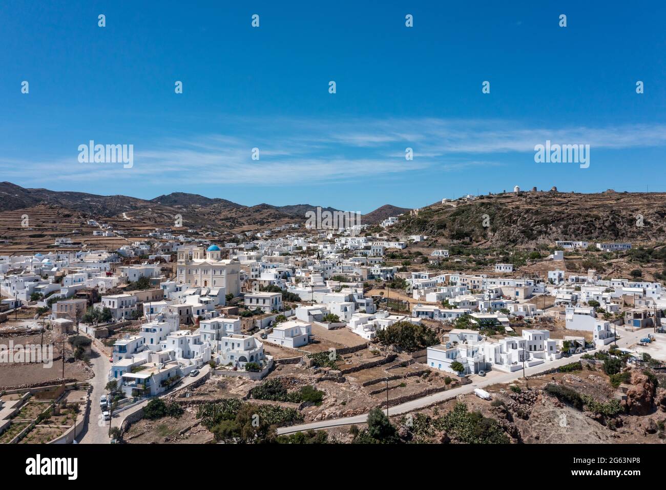 Greece, Kimolos Chora Chorio aerial drone view. Cyclades islands. Rocky ...