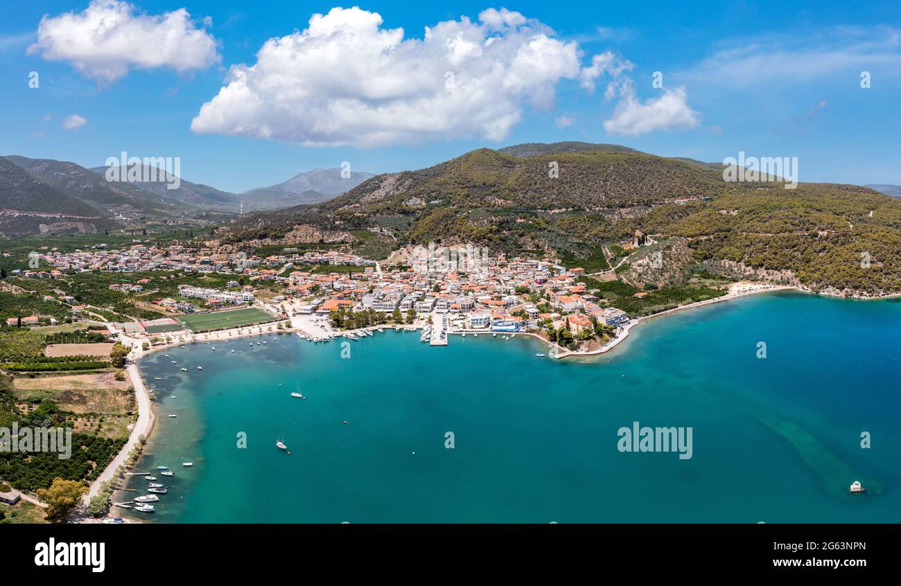 Ancient Epidaurus town beach and marina at Peloponnese. Aerial, drone ...
