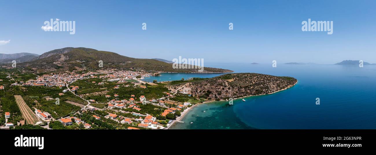 Greece, Ancient Epidaurus bay at Argolida. Aerial, drone panorama view of traditional village ...