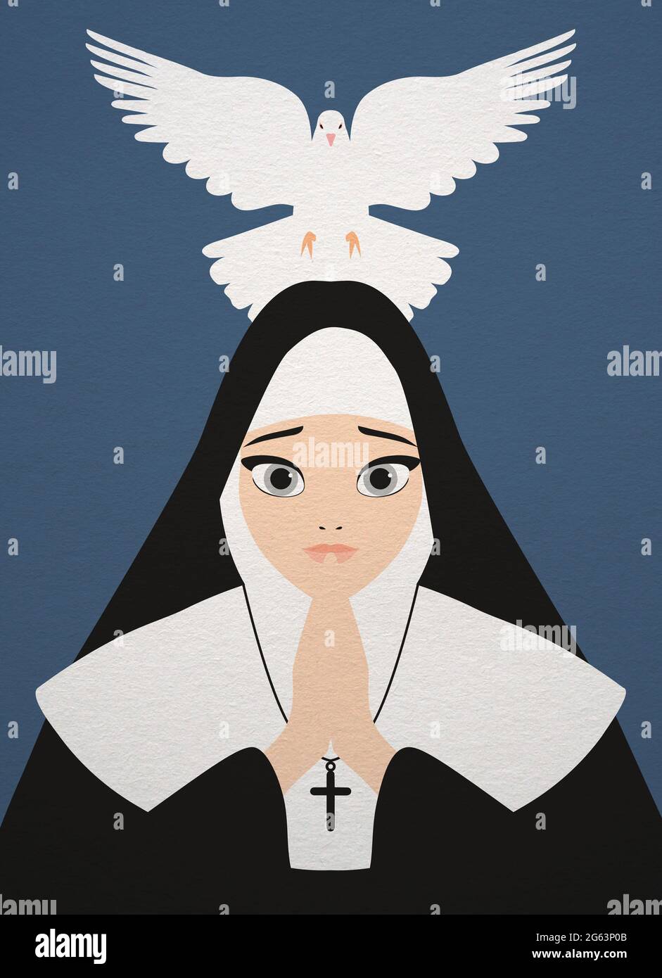 Illustration of a beautiful catholic nun praying with a white dove ...
