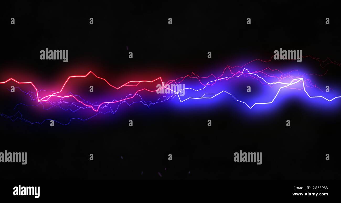 Red and blue lightning bolts of electrical current moving wildly across ...