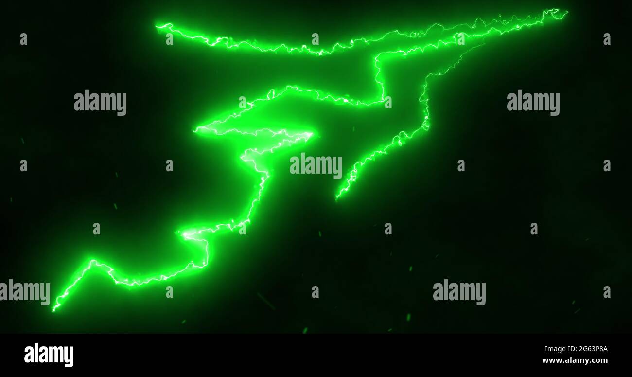 Green lightning bolts electrical current moving wildly across a black ...