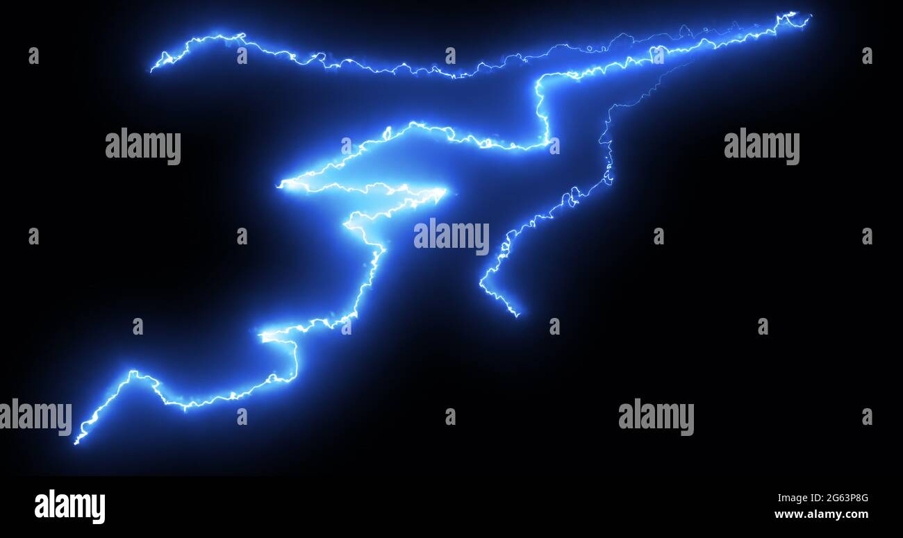 Blue lightning bolts of electrical current moving wildly across a black ...