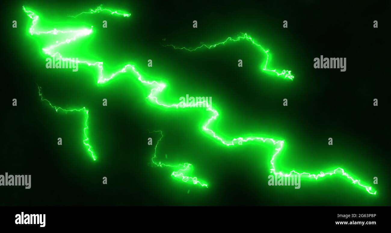 Green lightning bolts electrical current moving wildly across a black ...