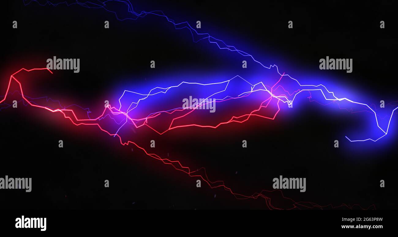 Red and blue lightning bolts of electrical current moving wildly across ...