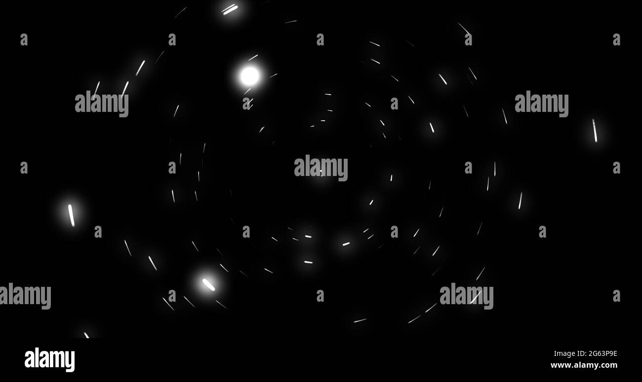 Glowing white points of light rotating on a black background Stock ...