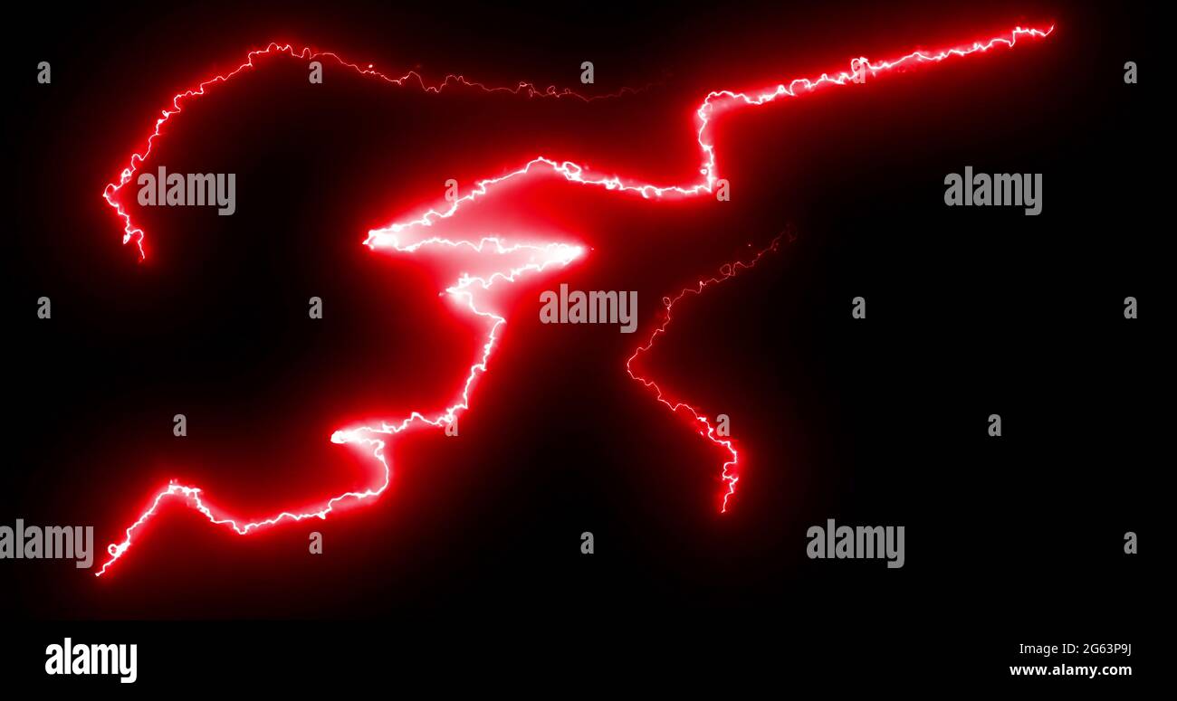Red lightning bolts of electrical current moving wildly across a black ...