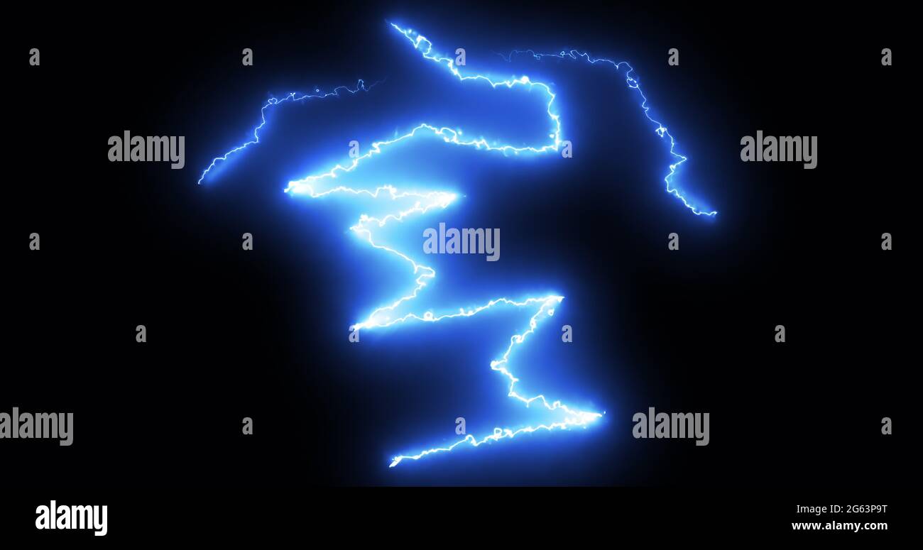 Blue lightning bolts of electrical current moving wildly across a black ...