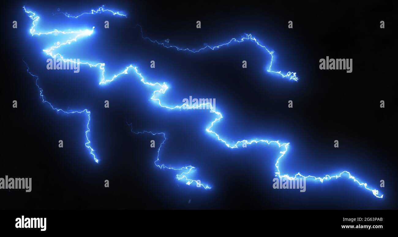 Blue lightning bolts of electrical current moving wildly across a black ...
