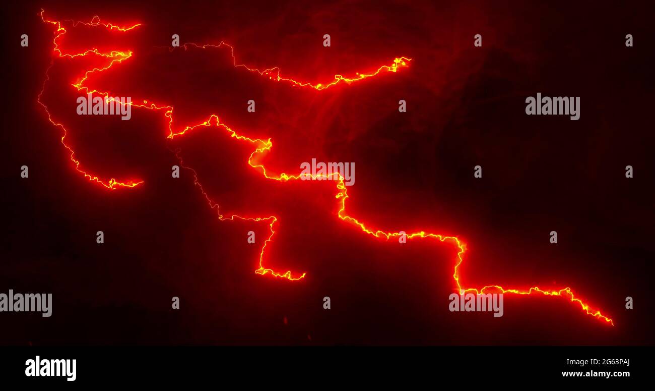 Glowing red and orange lightning bolts of electrical current and smoke ...