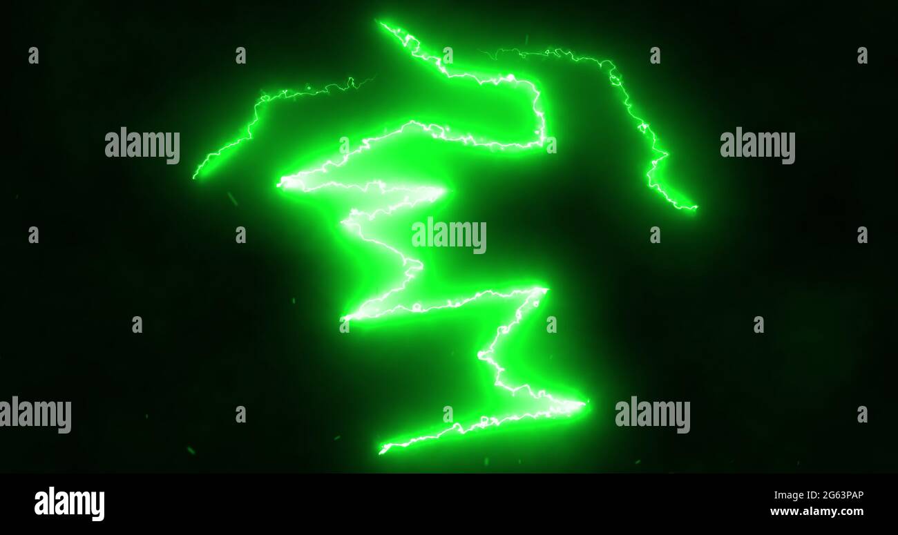 Green lightning bolts electrical current moving wildly across a black ...