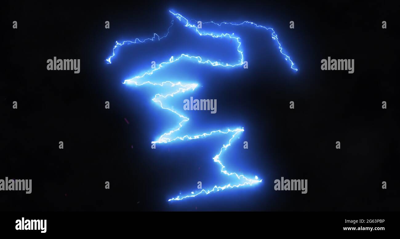 Blue lightning bolts of electrical current moving wildly across a black ...