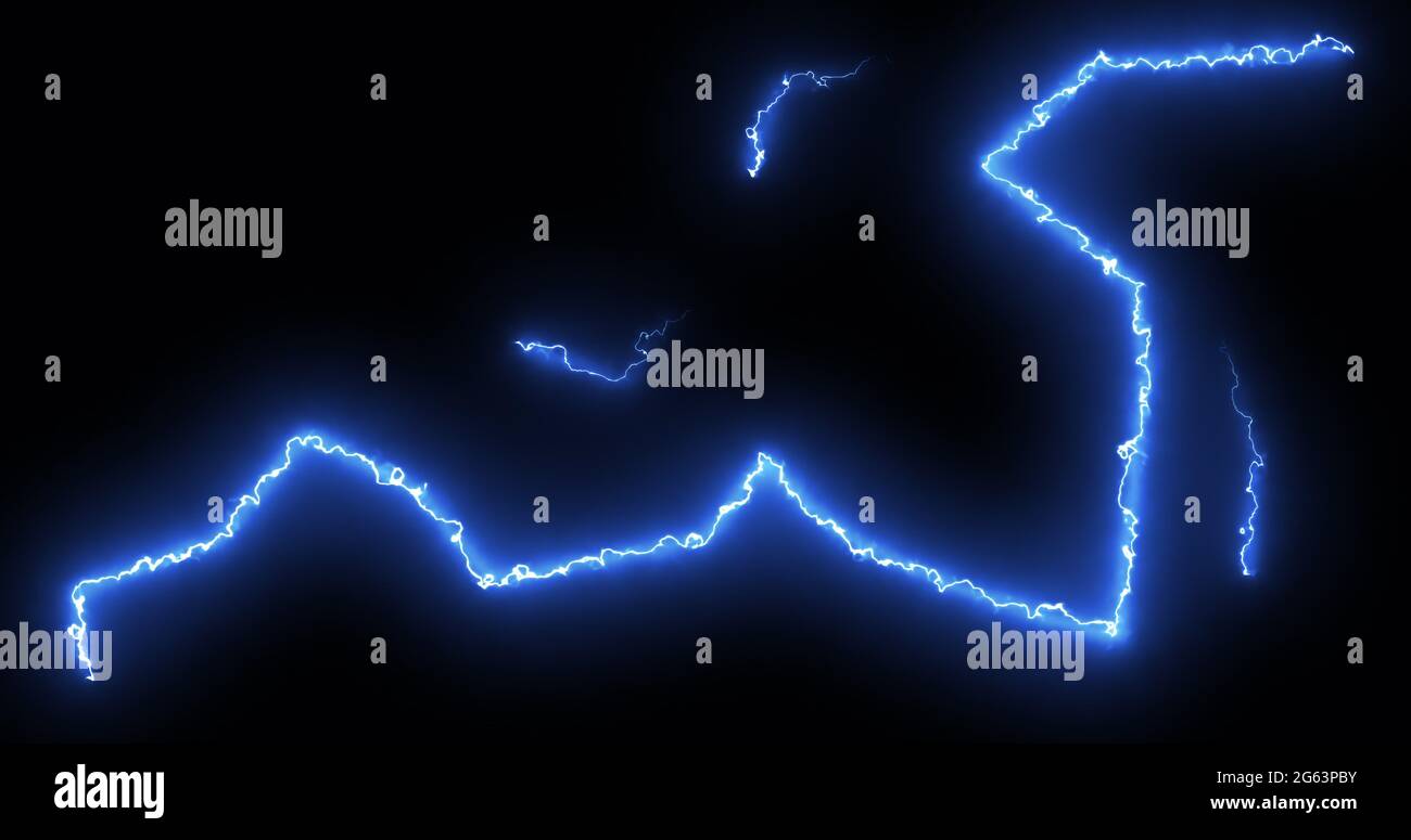 Blue lightning bolts of electrical current moving wildly across a black ...