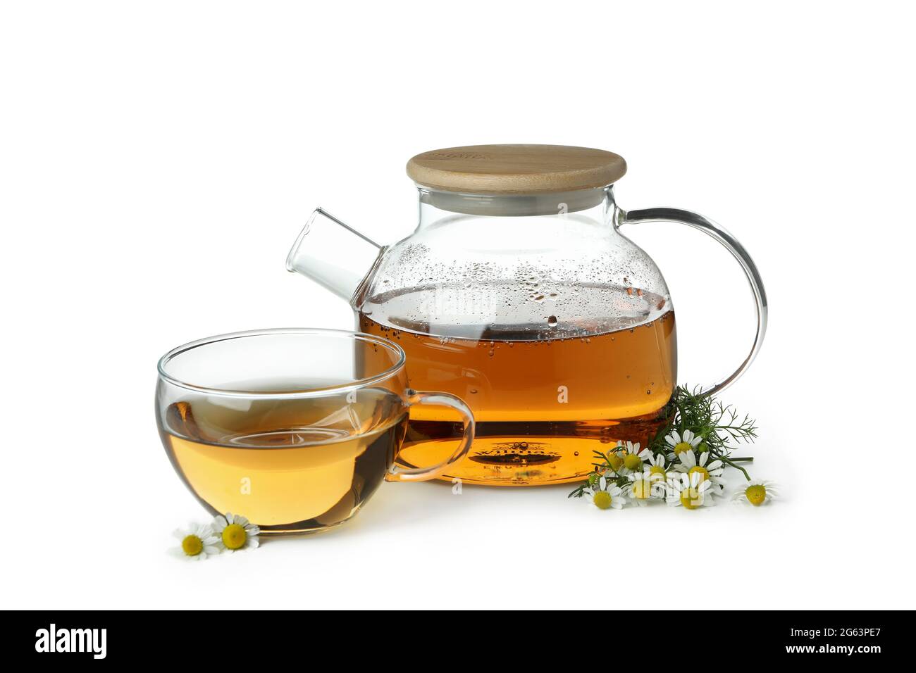 Cup and teapot of chamomile tea isolated on white background Stock ...