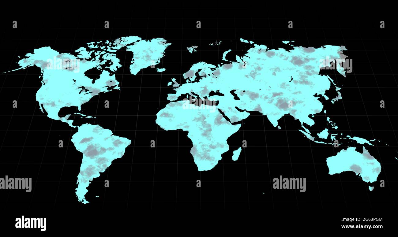 Grey world map changing to mostly blue on a black background Stock ...