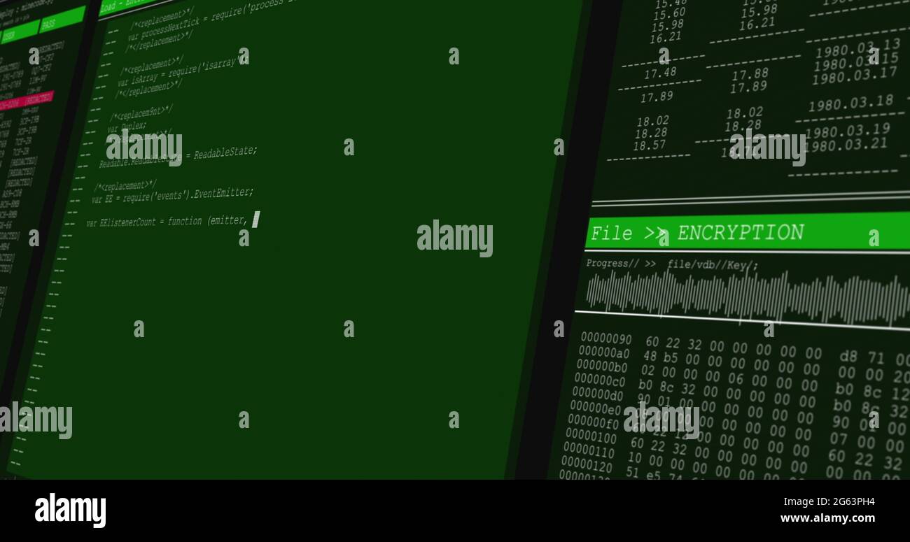 Image of data processing on green and grey computer screens Stock Photo ...
