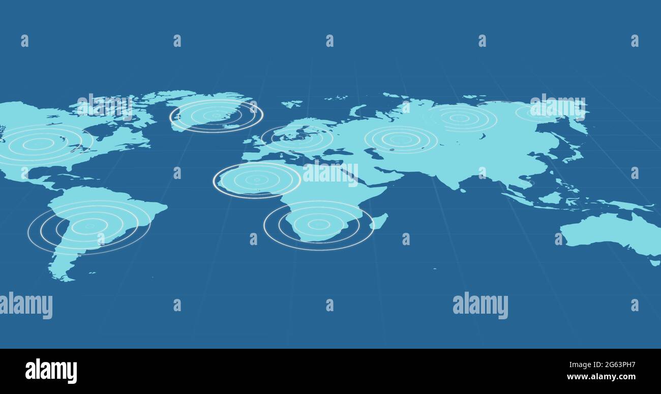 Blue world map with radiating white concentric circles over territories ...