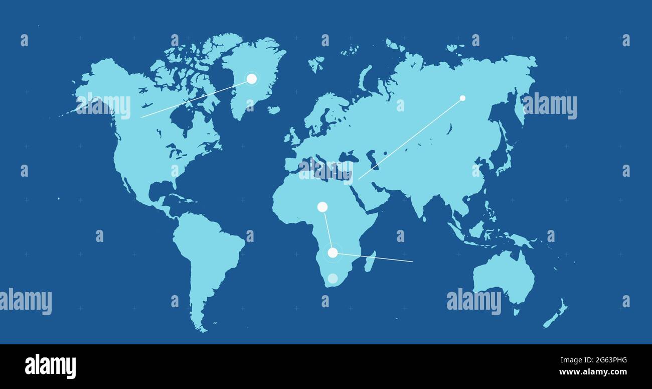 Blue world map with moving white network of connected points on blue ...