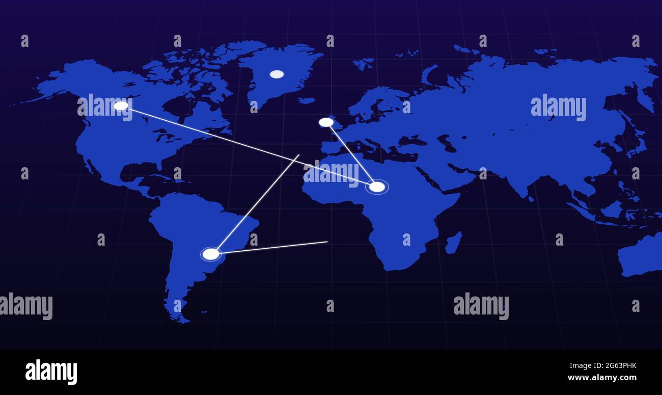 Blue world map with moving white network of connected points on black ...