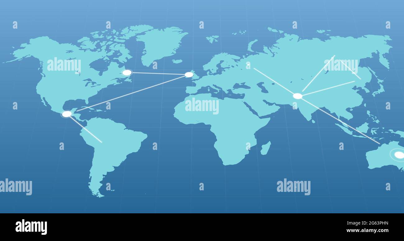 Blue world map with moving white network of connected points on blue ...