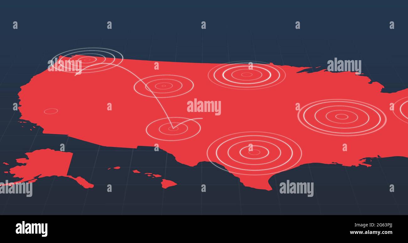 Red map with radiating white concentric circles circles spreading ...