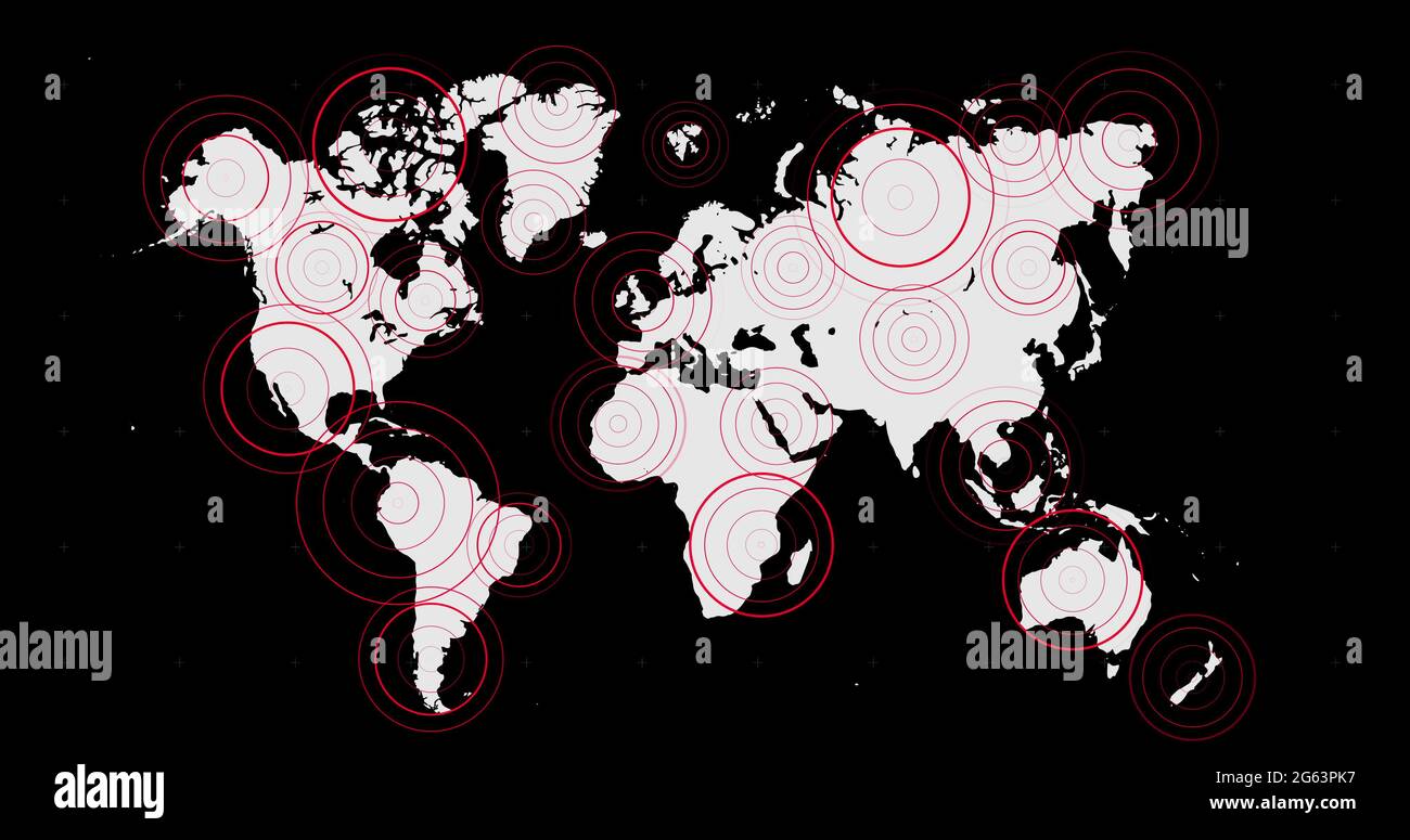 White world map with radiating red concentric circles over territories ...