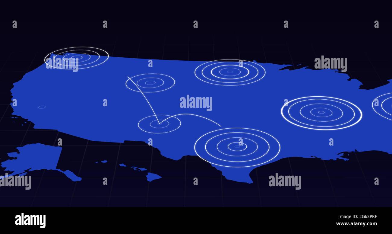 Blue map with radiating white concentric circles circles spreading ...