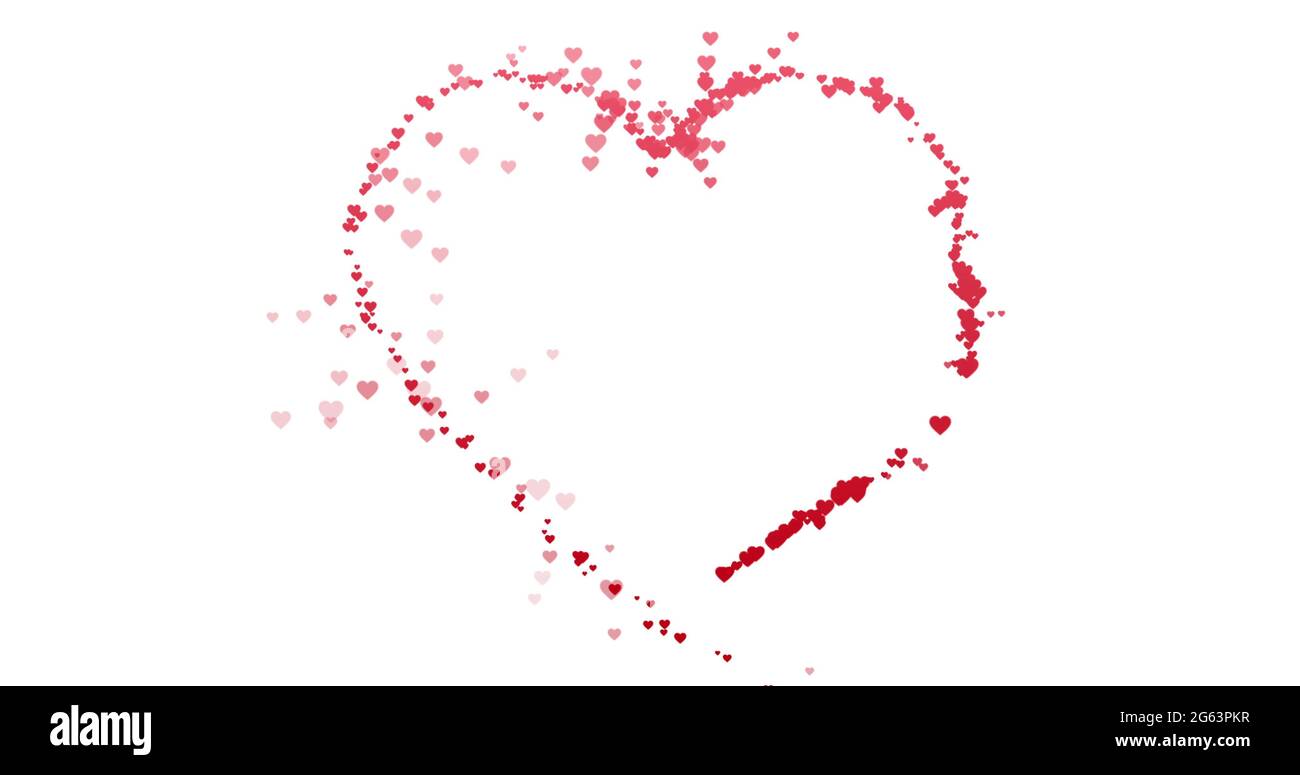 Trail of small red hearts making big heart outline on white background ...